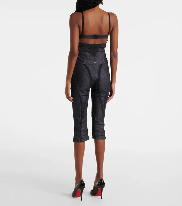 MUGLER Mesh-trimmed Denim Corset