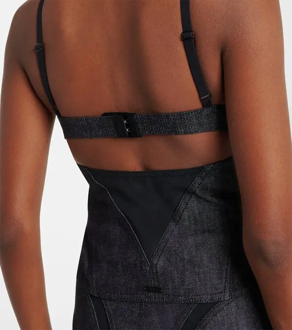 MUGLER Mesh-trimmed Denim Corset