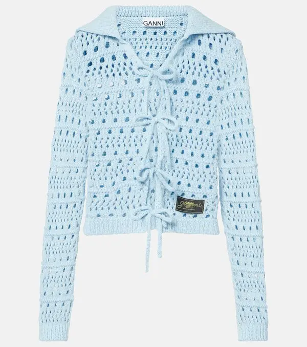 GANNI Open-knit Cotton-blend Cardigan - Blue