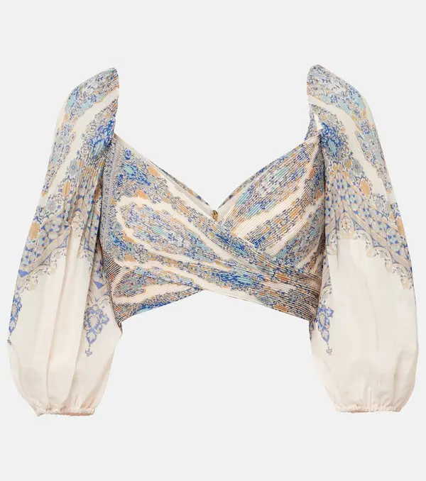 Zimmermann Paisley Puff-sleeve Crop Top - Blue