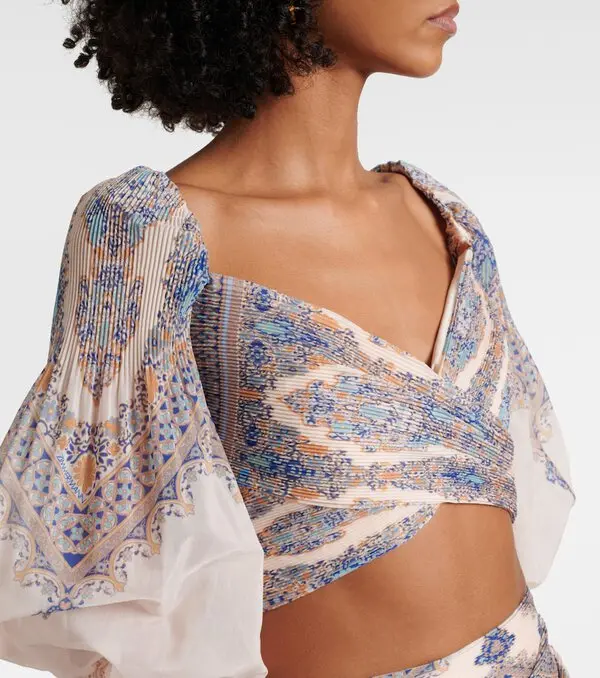 Zimmermann Paisley Puff-sleeve Crop Top - Blue
