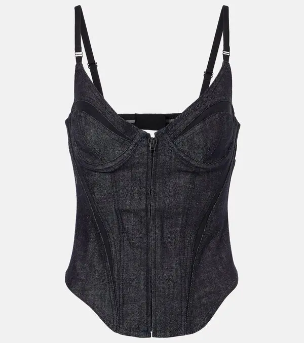 MUGLER Mesh-trimmed Denim Corset