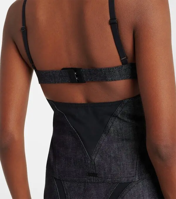 MUGLER Mesh-trimmed Denim Corset