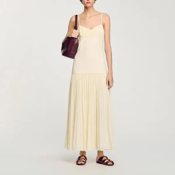 Sandro Pleated Maxi Dress With Spaghetti Straps - Ecru