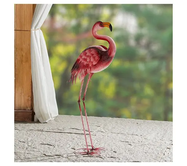 GLITZHOME 35' Metal Standing Flamingo Garden St Atue W/ Stakes - One-color