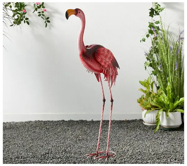 GLITZHOME 39' Metal Standing Flamingo Garden St Atue W/ Stakes - One-color