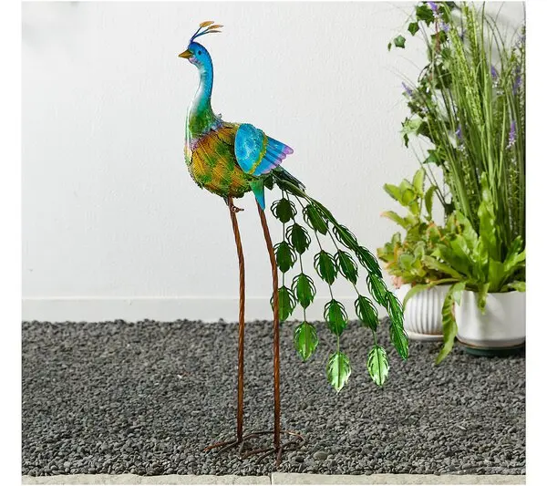 GLITZHOME 32h Metal Standing Peacock Garden Statue W/ Stakes - One-color