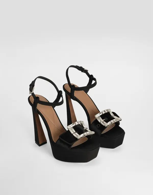Dolce & Gabbana Velvet Platform Sandals With Bejeweled Buckle - Black