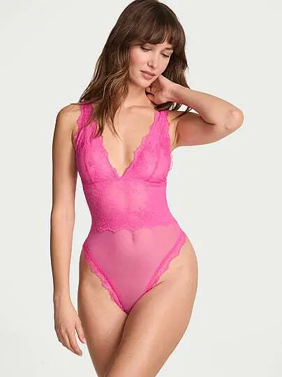Victoria's Secret Very Sexy Sheer Rose Lace Bodysuit - Pink