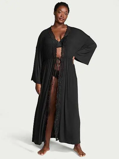 Victoria's Secret Sosoft™ Modal Ribbed Lace-trim Long Robe - Black