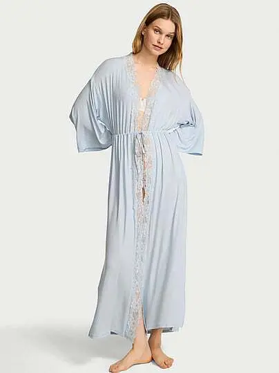Victoria's Secret Sosoft™ Modal Ribbed Lace-trim Long Robe - Blue