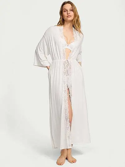 Victoria's Secret Sosoft™ Modal Ribbed Lace-trim Long Robe - White,ivory
