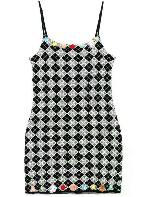 YANYAN Argyle Ribbon-flowers Dress - Black