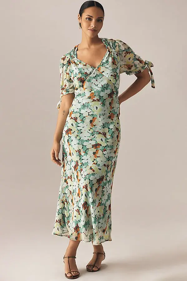 anthropologie green slip dress Short-sleeve V-neck Midi V neck