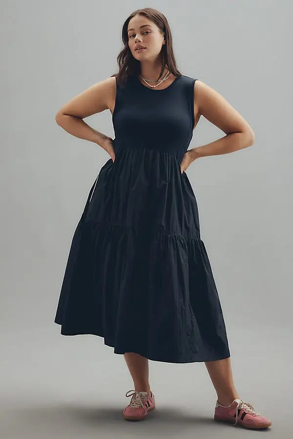 knee length dresses for ladies Anna Linen Tiered Midi Dress-Poppy Red