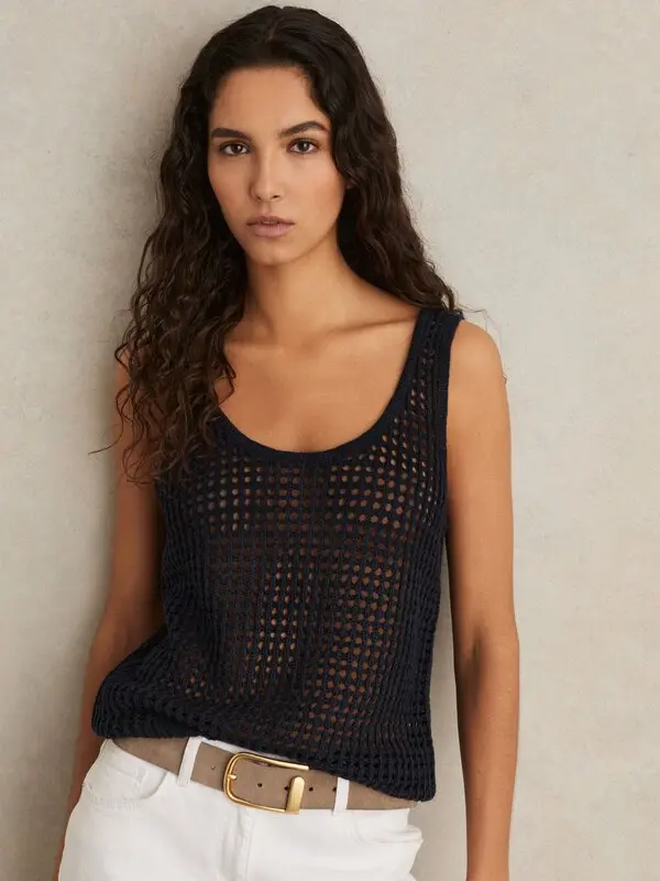 REISS Claudia Linen Open-knit Vest - Navy