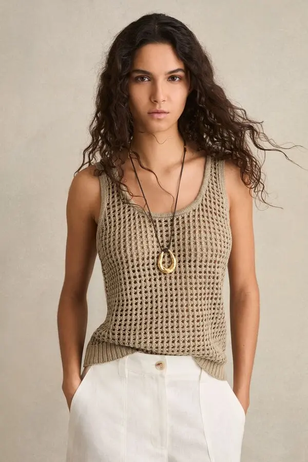 REISS Claudia Linen Open-knit Vest - Stone