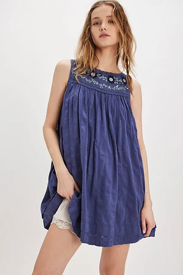 Free People Darlin' Daisy Embroidered Mini Dress - Steel Blue | Editorialist