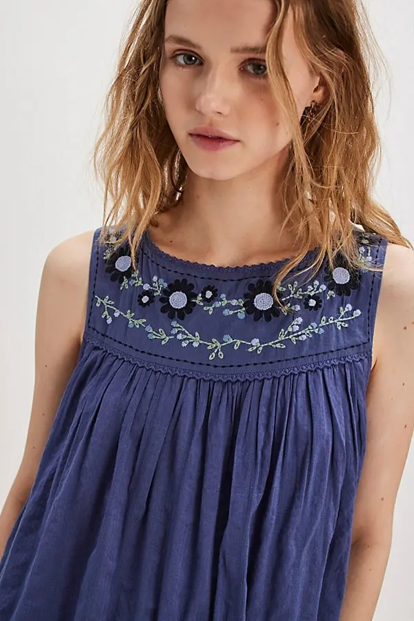 Free People Darlin' Daisy Embroidered Mini Dress - Steel Blue | Editorialist