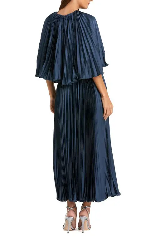 Mac Duggal Pleated Capelet Tea-length Dress