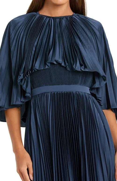 Mac Duggal Pleated Capelet Tea-length Dress - Midnight