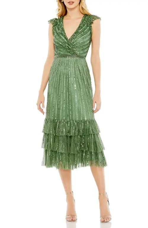 Mac Duggal Sequined Wrap Over Cap Sleeve Ruffle Hem Dress - Sage
