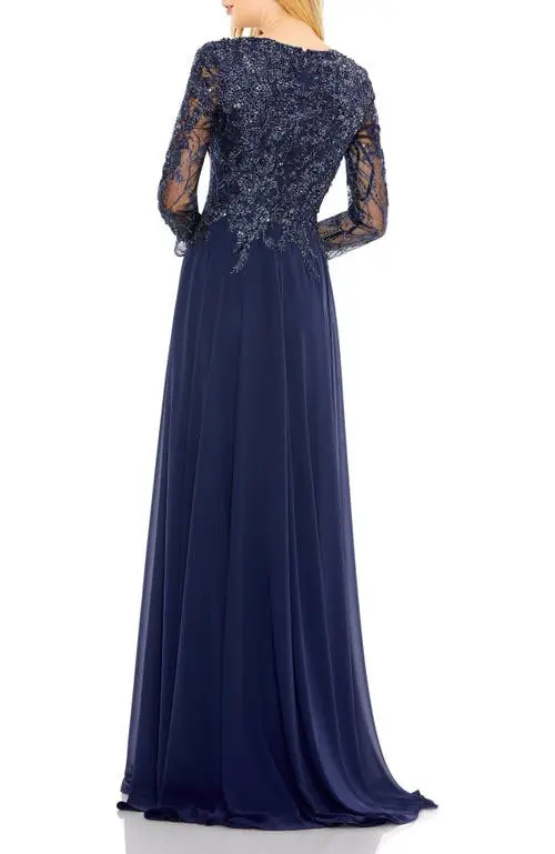 Mac Duggal Floral Embroidered Illusion V-neck A-line Gown - Navy
