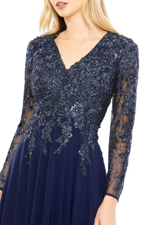 Mac Duggal Floral Embroidered Illusion V-neck A-line Gown - Navy