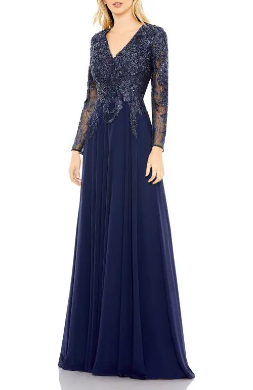 Mac Duggal Floral Embroidered Illusion V-neck A-line Gown - Navy