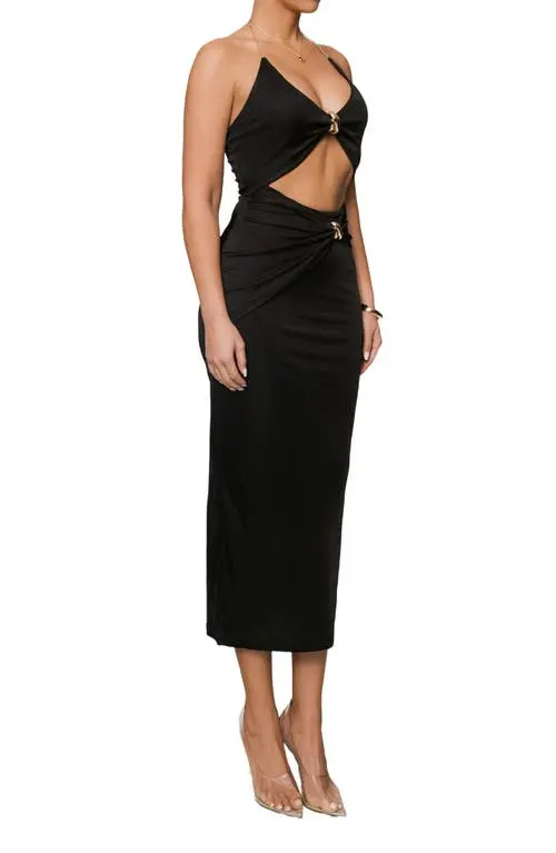 JLUXLABEL Cutout Chain Halter Midi Dress - Black