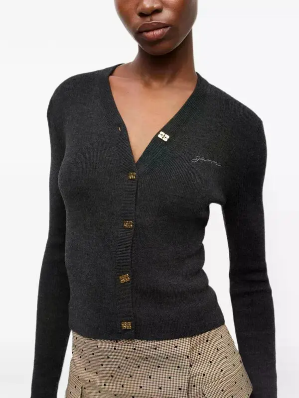 GANNI Logo Embroidered V-neck Cardigan - Black
