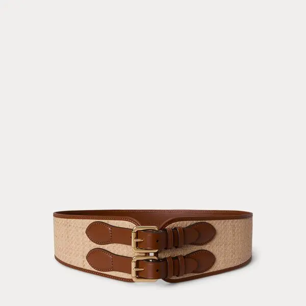 Ralph Lauren Raffia And Leather Double-buckle Wide Belt - Natural/lauren Tan