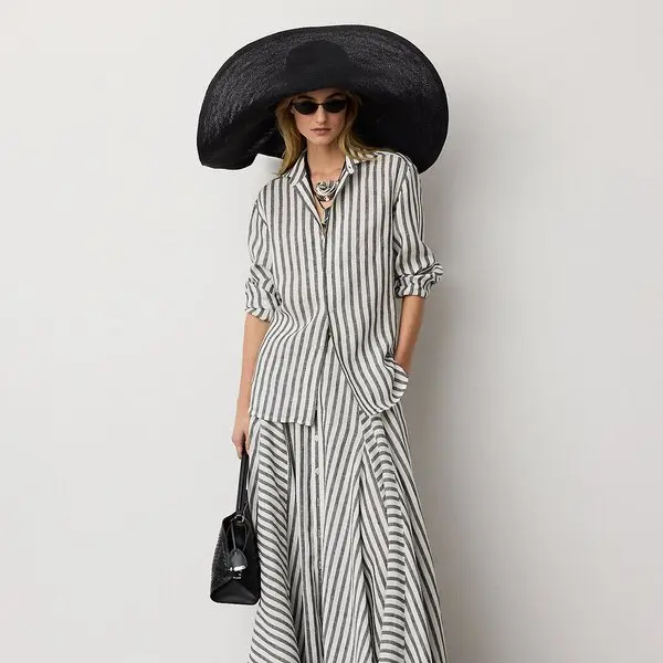 Ralph Lauren Shamus Striped Linen Maxi Skirt - Black/white