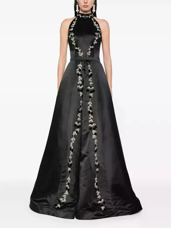 AAVVA Floral-embroidered Gown - Black