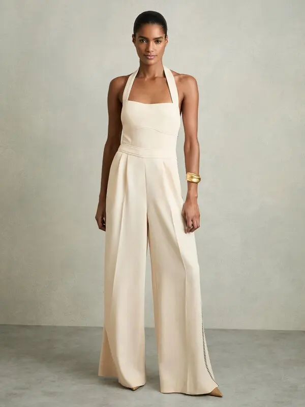 REISS Viola Embroidered Wide-leg Jumpsuit - Cream