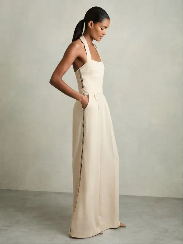 REISS Viola Embroidered Wide-leg Jumpsuit - Cream