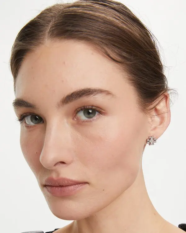 Tory Burch Kira Pave Double T Stud Earrings - Silver