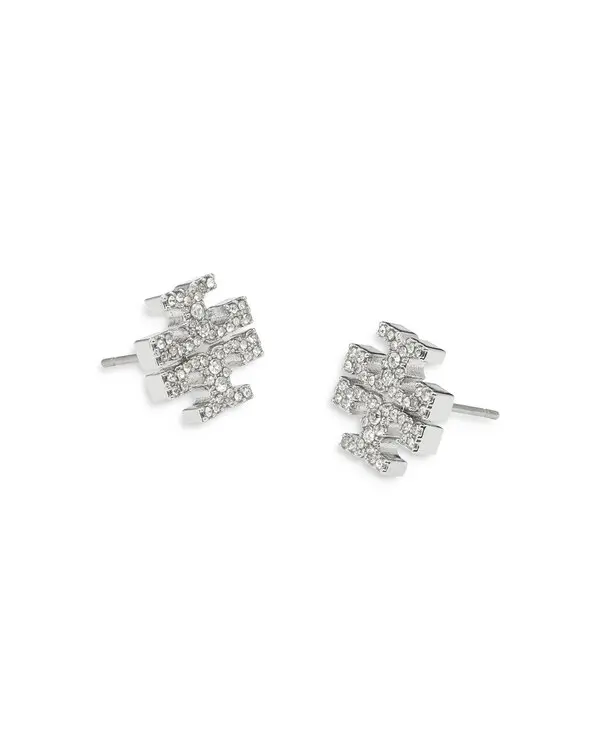 Tory Burch Kira Pave Double T Stud Earrings - Silver