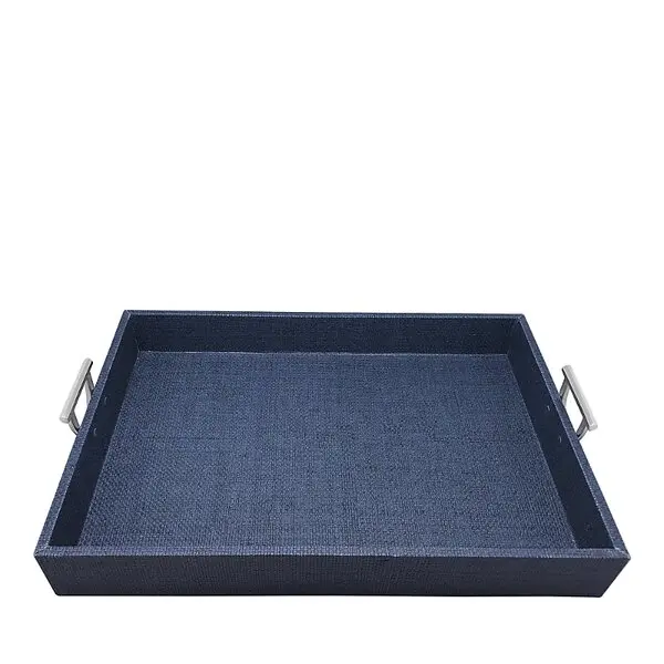 MARIPOSA Faux Grasscloth Tray With Metal Handles - Blue