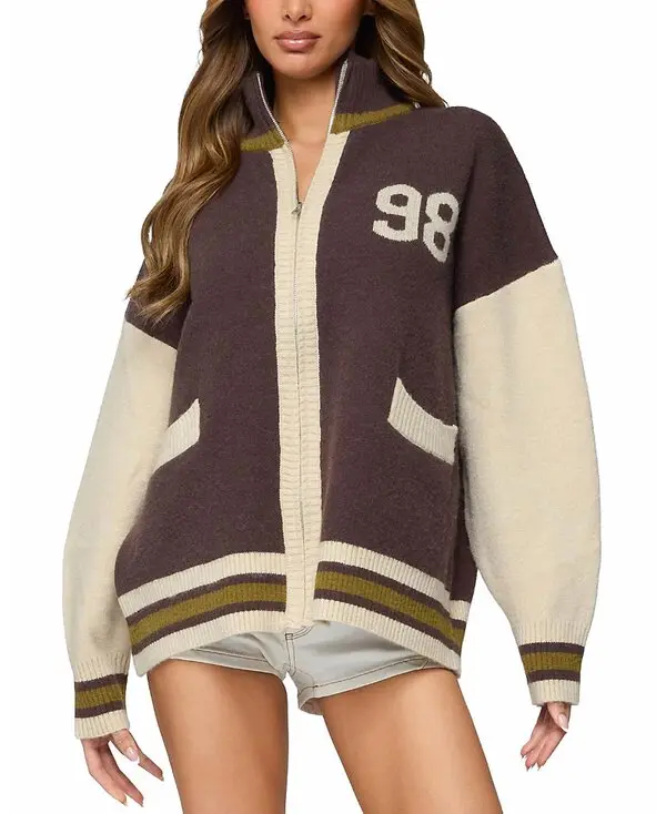 EDIKTED 98 Varsity Zip Up Sweater - Brown
