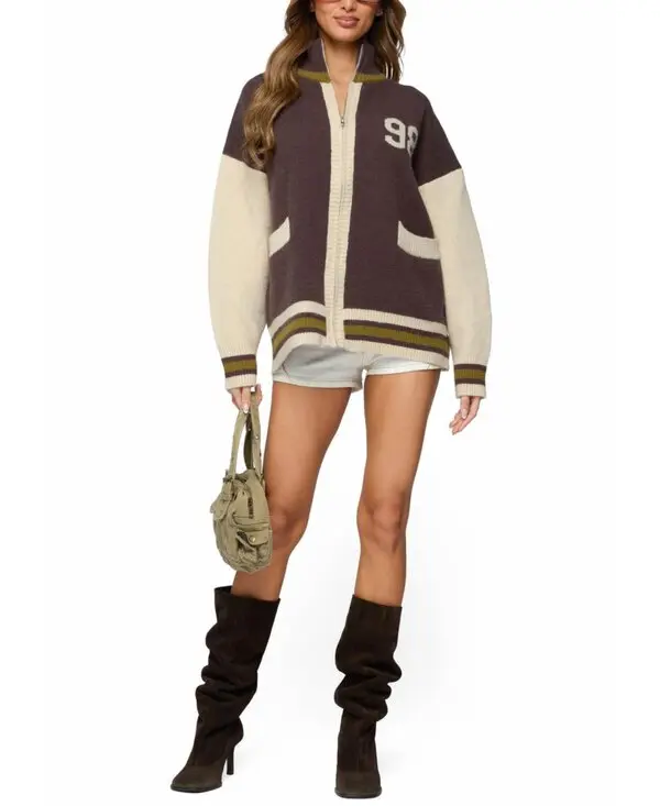 EDIKTED 98 Varsity Zip Up Sweater - Brown