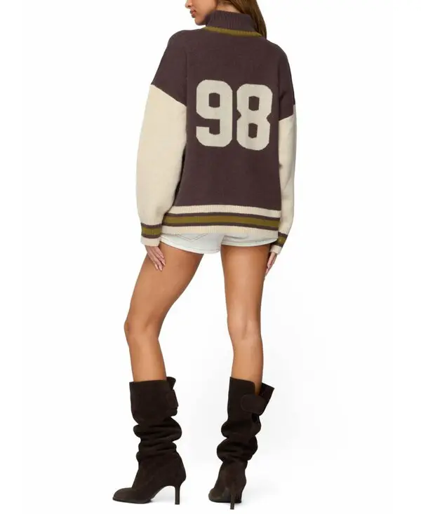 EDIKTED 98 Varsity Zip Up Sweater - Brown