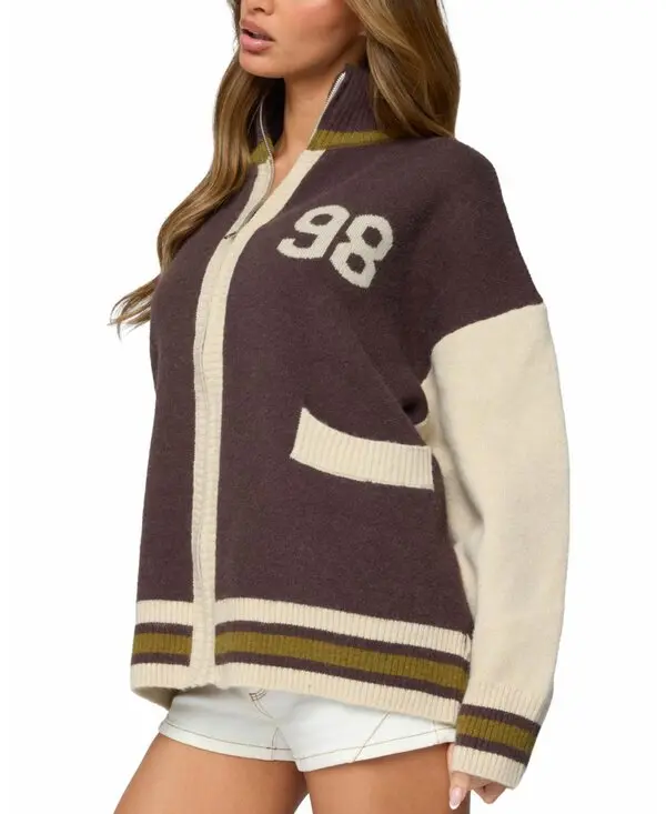 EDIKTED 98 Varsity Zip Up Sweater - Brown
