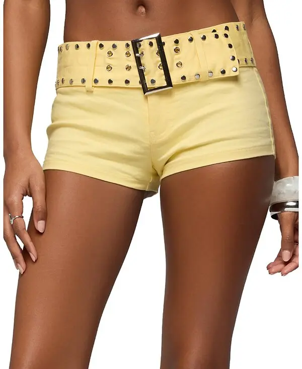EDIKTED Studded Belt Denim Micro Shorts - Yellow