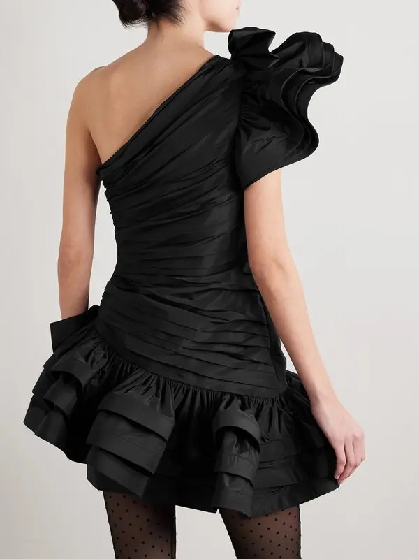 Alessandra Rich One-shoulder Bow-embellished Ruched Taffeta Mini Dress - Black