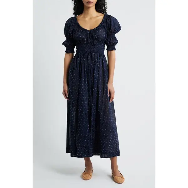 DÔEN Ischia Swiss Dot Organic Cotton Voile Dress - Navy Flock Dot