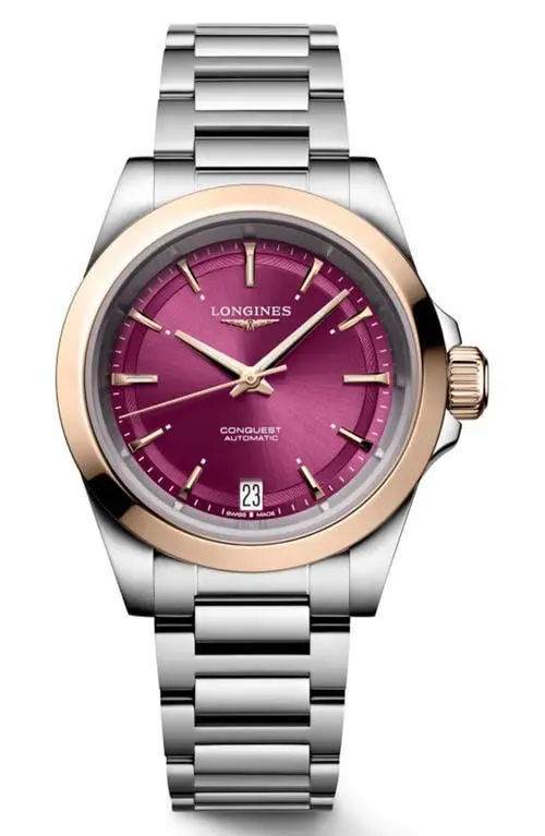 LONGINES Conquest 18k Gold Bezel Automatic Bracelet Watch - Pink