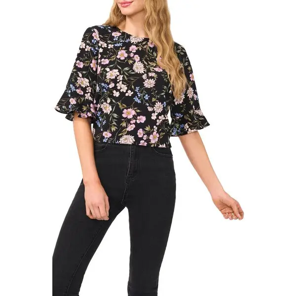 CECE DUPRAZ Floral Ruffle Cuff Top - Rich Black