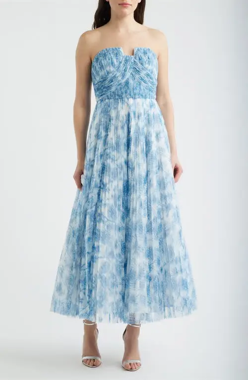HUTCH Pleated Strapless Mesh Gown - White/blue Inked Chinoiserie