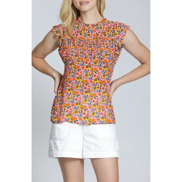 APNY Floral Print Flutter Sleeve Blouse - Apricot Multi